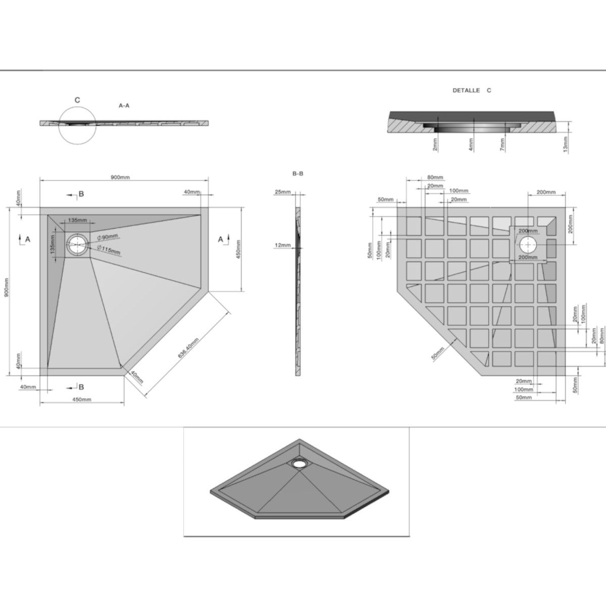 Cadita de dus pentagonala, compozit mineral, dimensiuni 90x90 cm ...
